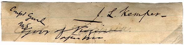 CLIPPED SIGNATURE CS GEN. JAMES L. KEMPER — Horse Soldier