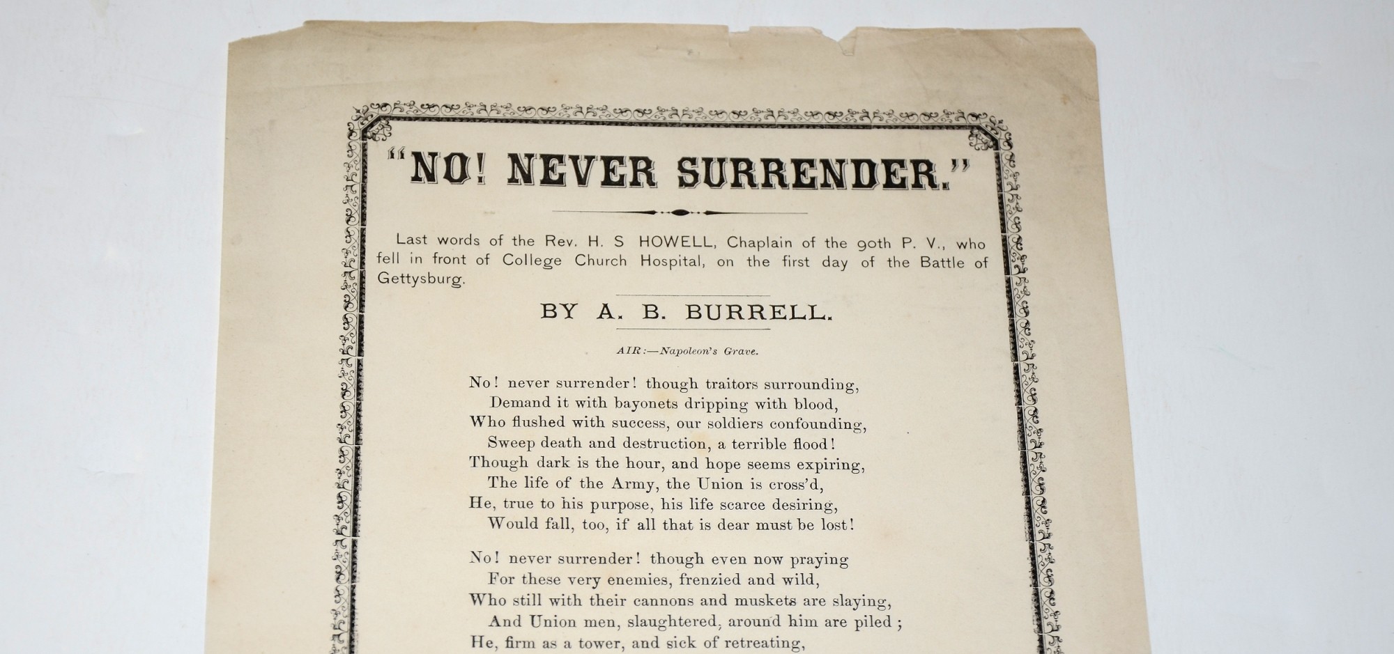 1863 HANDBILL DEDICATED TO CHAPLAIN HOWELL OF THE 90TH PENNSYLVANIA ...