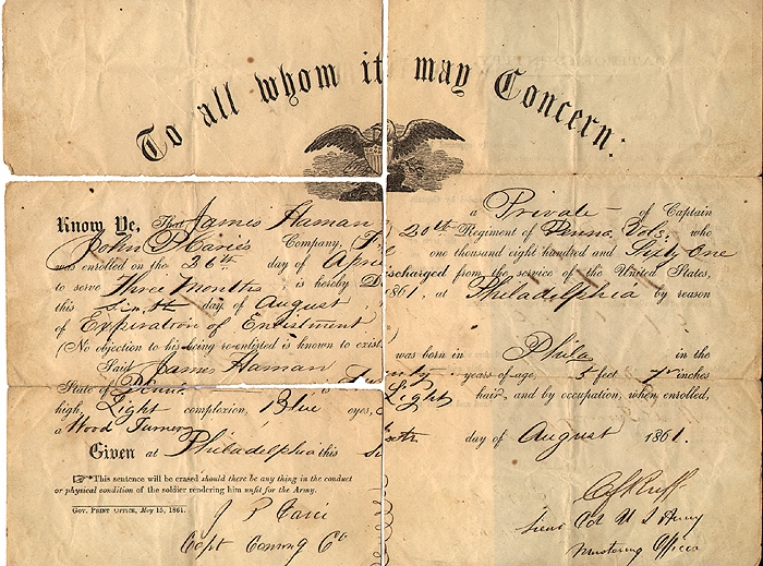 CIVIL WAR DISCHARGE PAPER FOR A PENNSYLVANIA SOLDIER — Horse Soldier