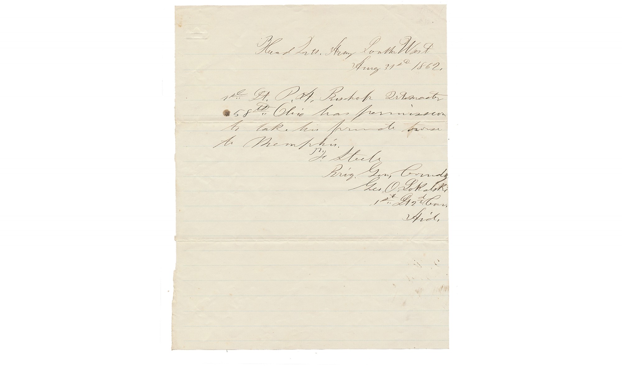 1862 HANDWRITTEN PASS FOR 58TH OHIO SOLDIER, HEADQUARTERS OF ARMY OF ...
