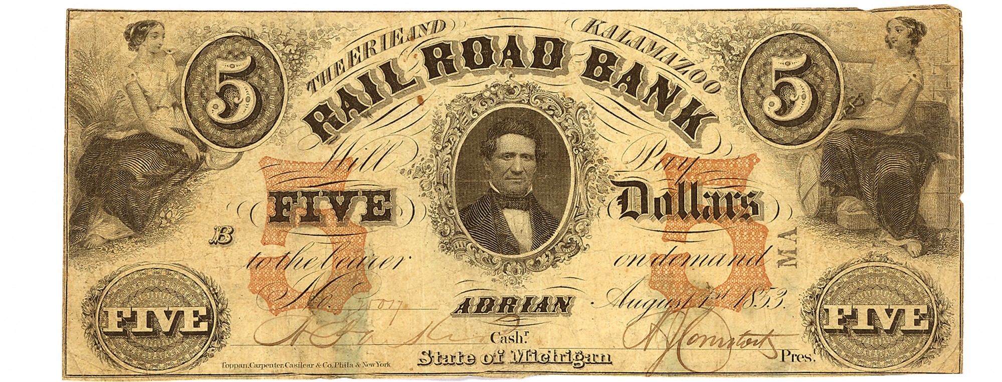 THE RAILROAD BANK, ADRIAN, MICHIGAN $5 NOTE — Horse Soldier
