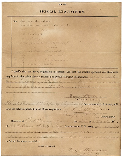 CAPTAIN GEORGE STONEMAN SIGNED DOCUMENT - SPECIAL REQUISITION #40 ...
