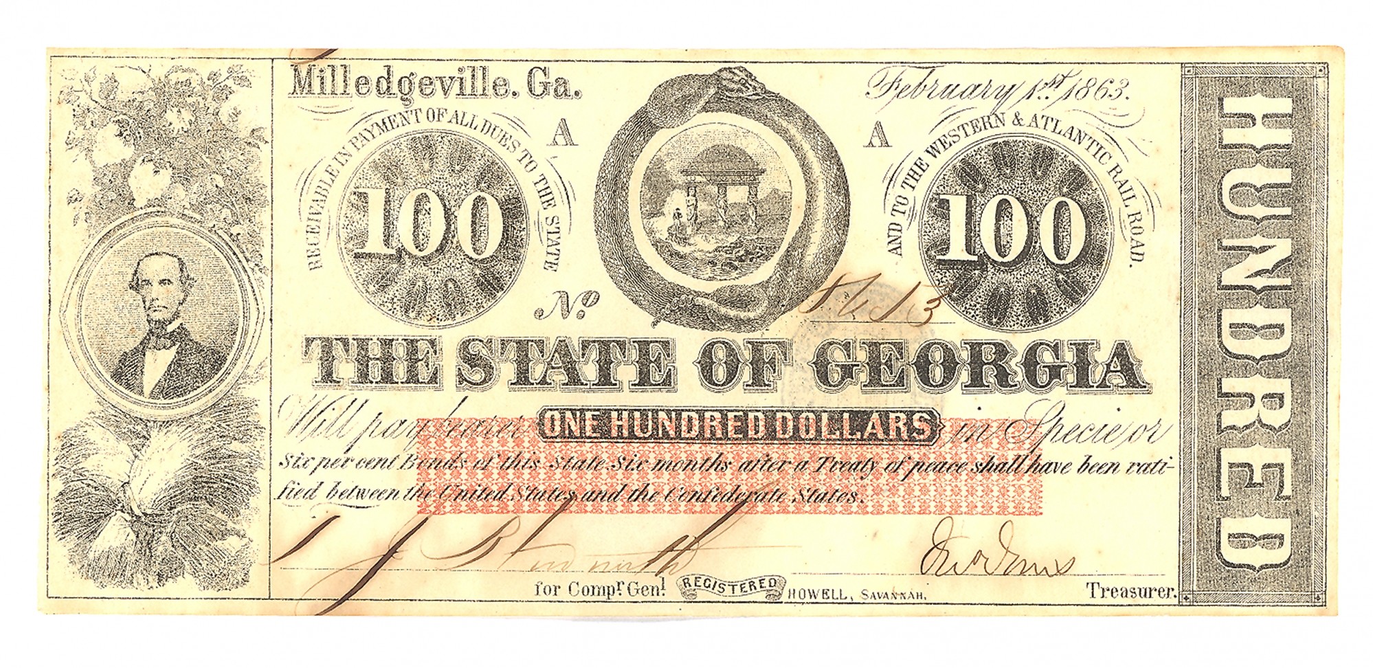 THE STATE OF GEORGIA $100 NOTE — Horse Soldier
