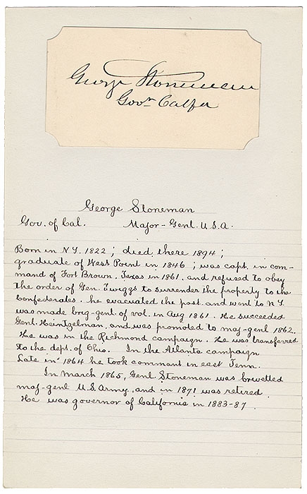 POST-WAR AUTOGRAPH - GEN. GEORGE STONEMAN, AS GOVERNOR OF CALIFORNIA ...