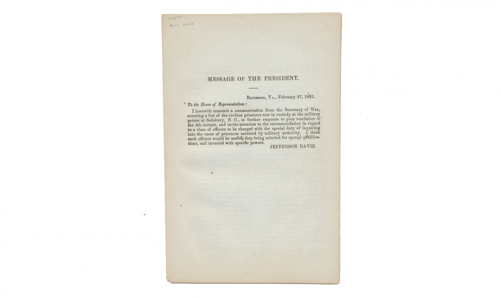 CSA IMPRINT — MESSAGE OF THE PRESIDENT: TENNESSEE UNIONISTS IN CUSTODY ...