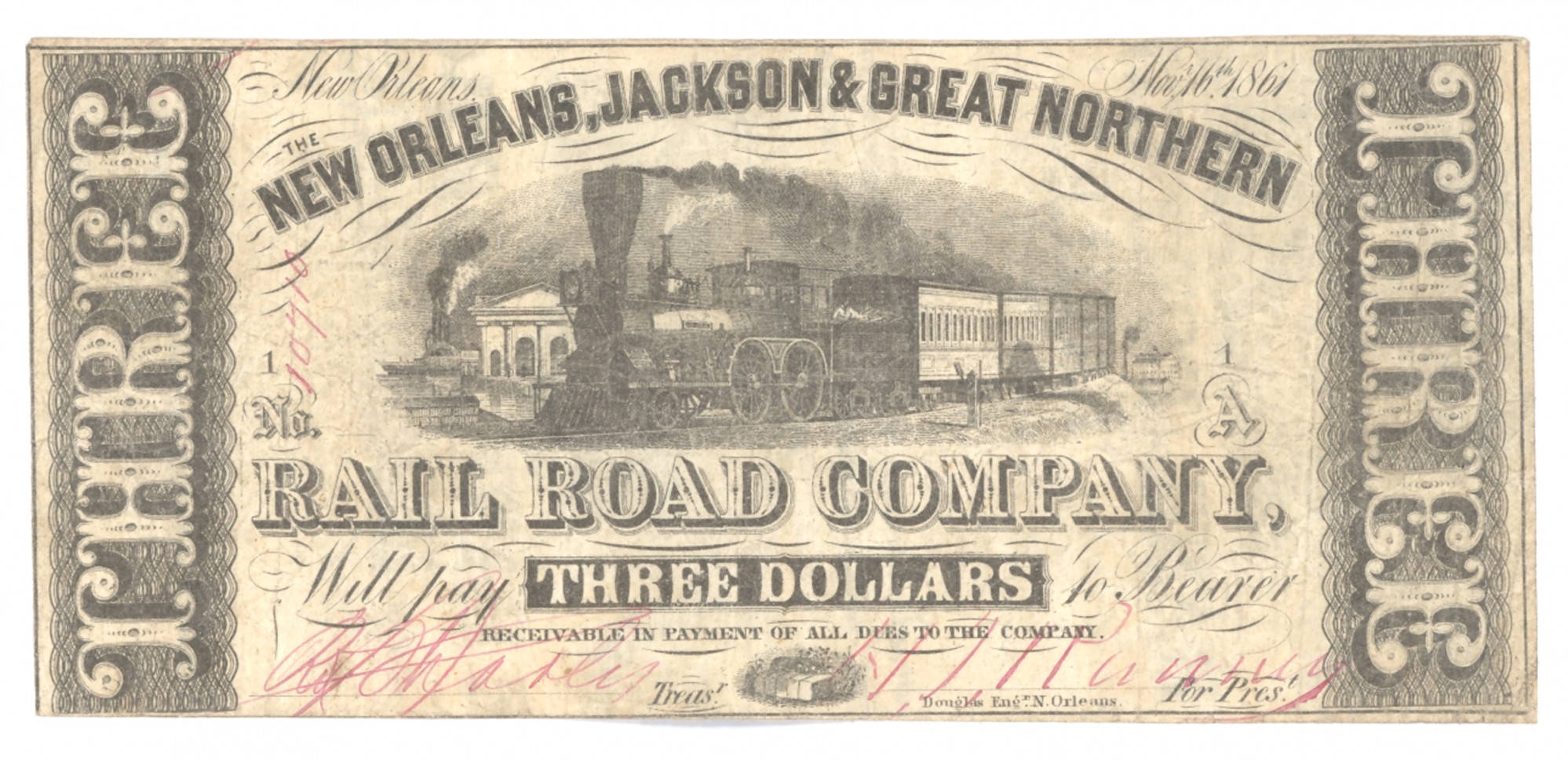 NEW ORLEANS JACKSON & GREAT NORTHERN RAILROAD, LOUSIANA, $3 NOTE ...