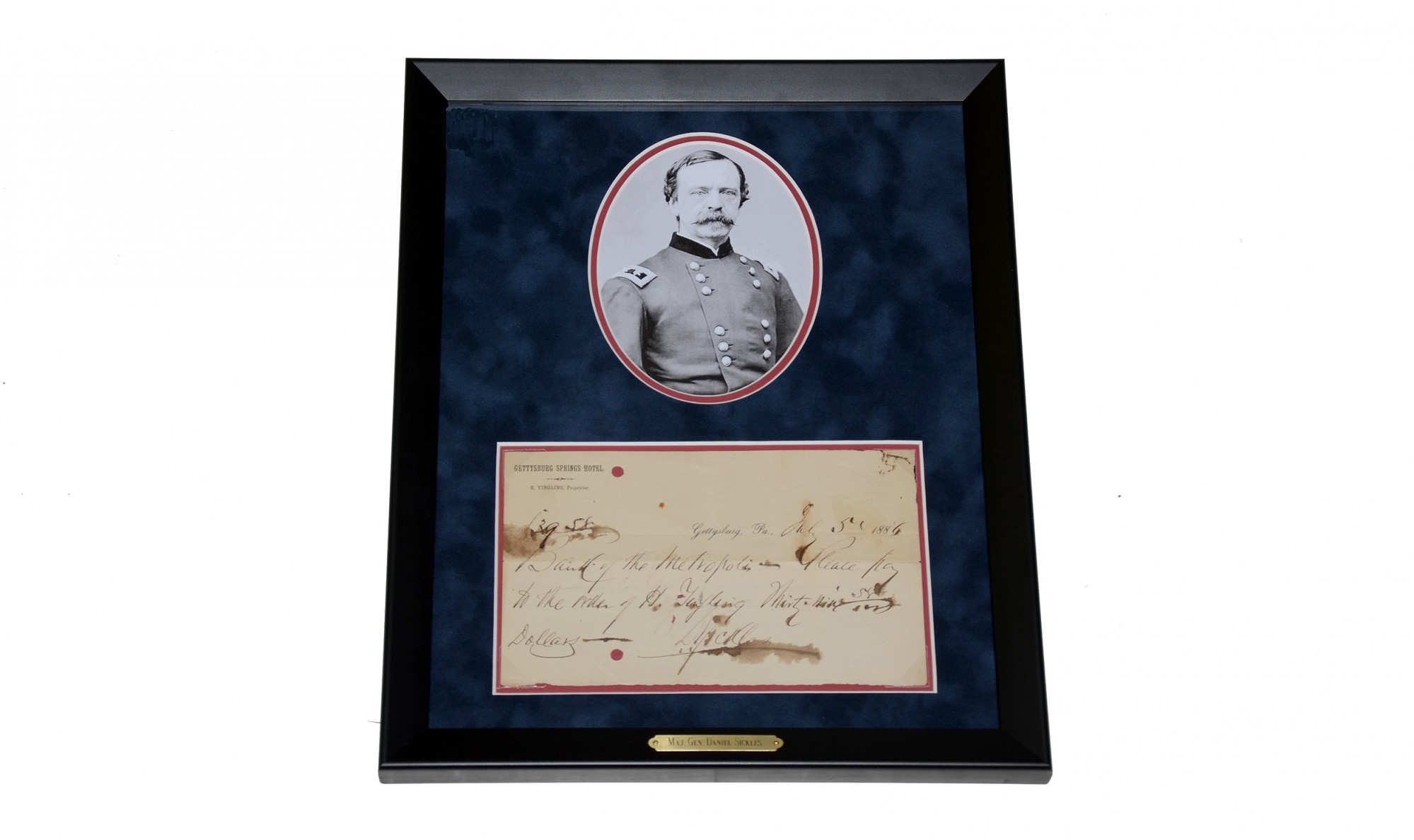 1886 SIGNATURE OF GEN. DANIEL SICKLES ON GETTYSBURG SPRINGS HOTEL ...