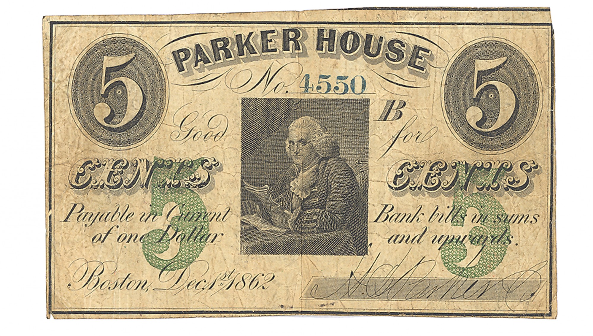 BOSTON PARKER HOUSE 5 CENT NOTE — Horse Soldier