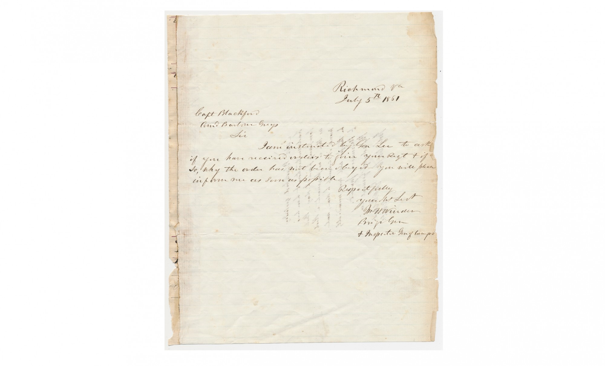 EARLY WAR DOCUMENT SIGNED BY CONFEDERATE GENERAL JOHN H. WINDER ...