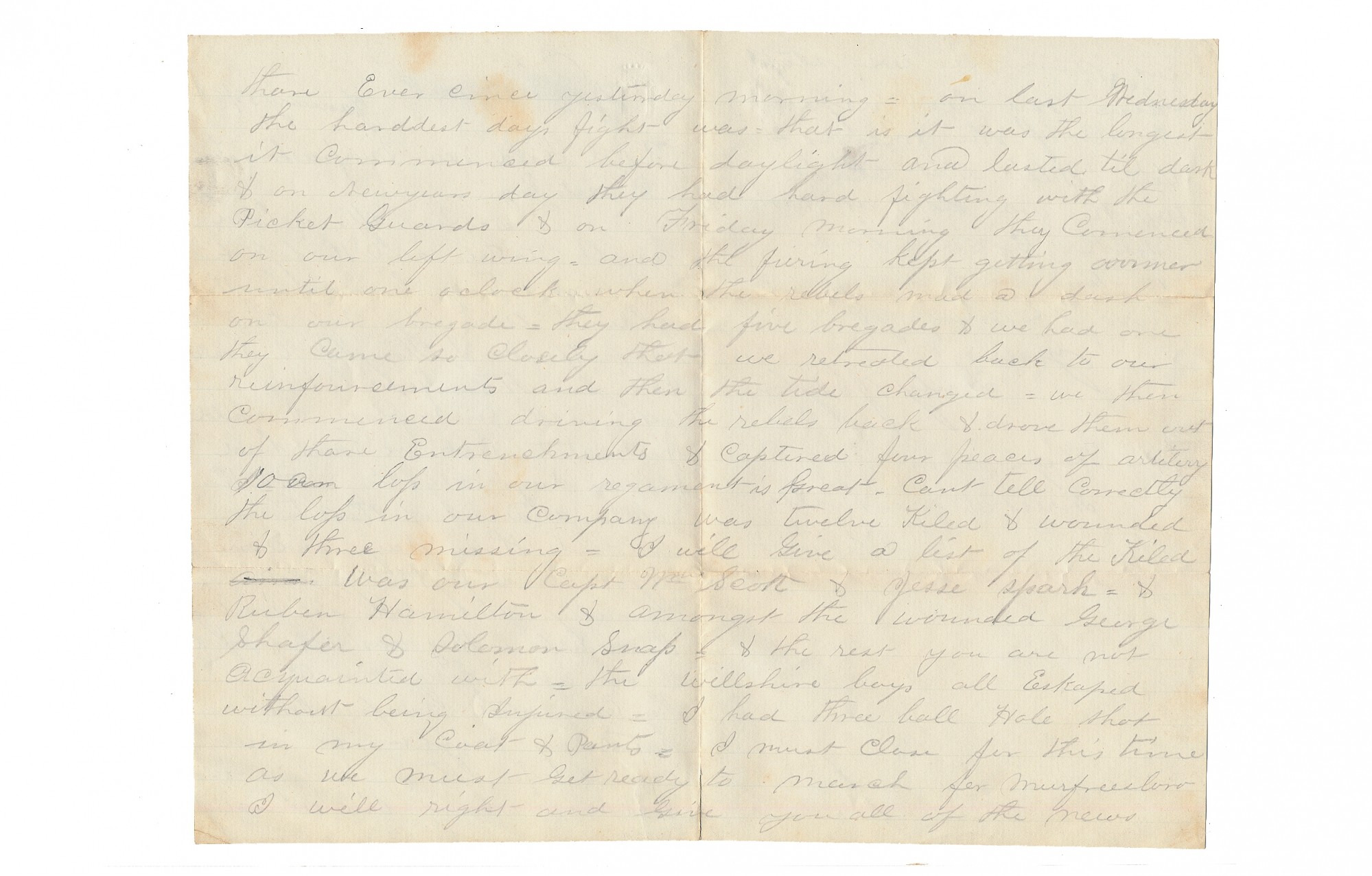 BATTLE OF STONES RIVER SOLDIER LETTER - SERGEANT JOHN S. EYLER., CO. A, 99TH OHIO INFANTRY ...