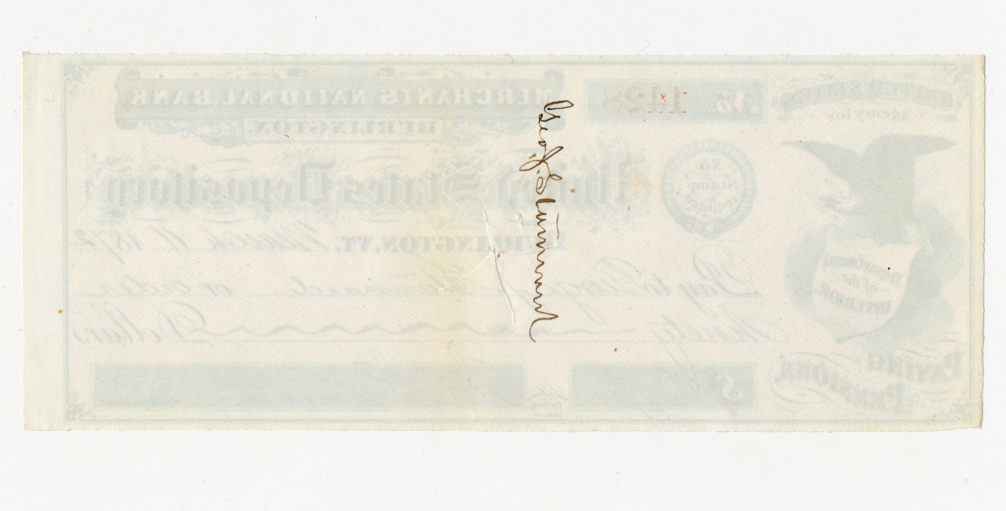 1872 US PENSION CHECK ENDORSED BY UNION GENERAL GEORGE J. STANNARD ...