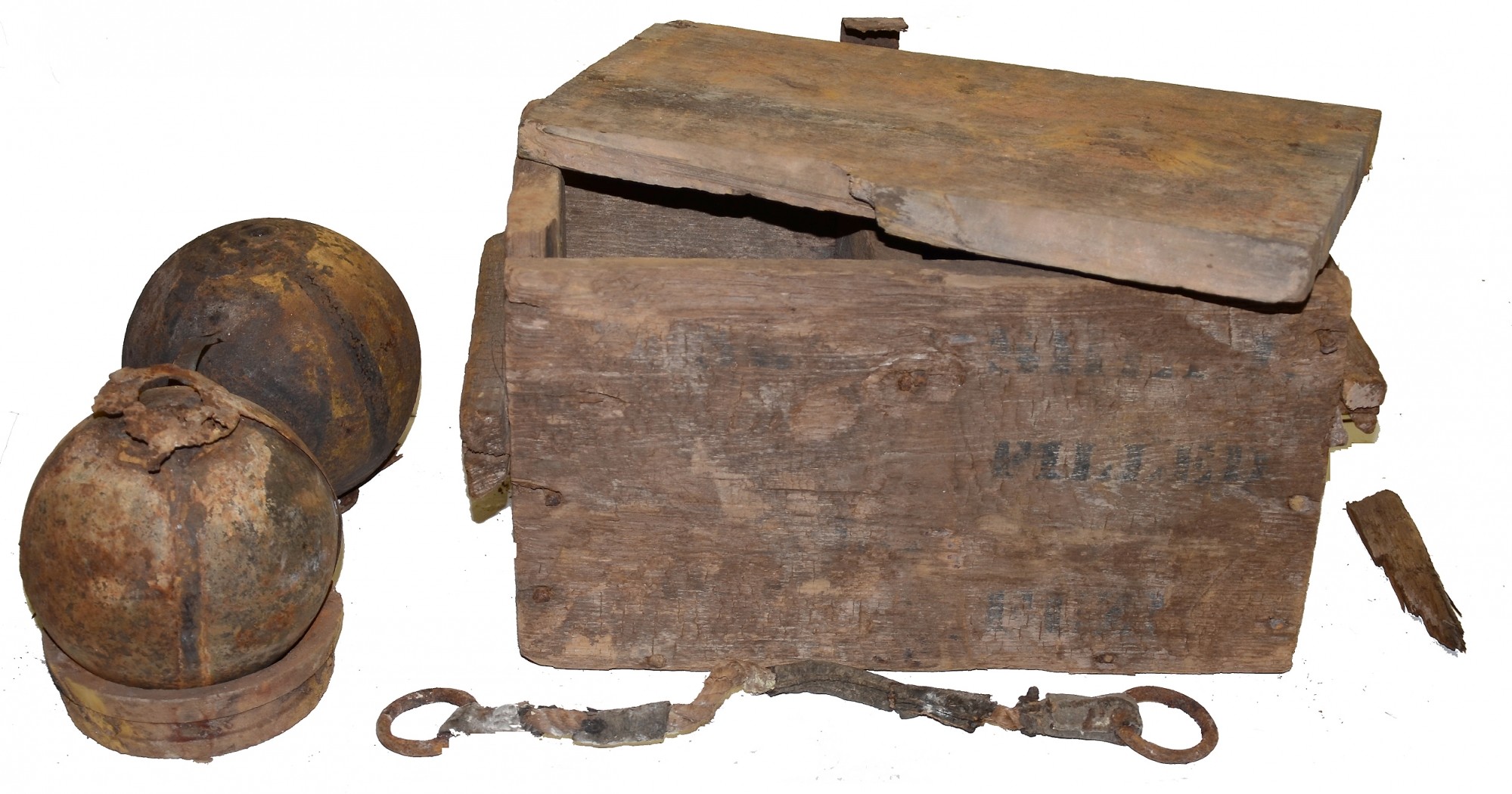 SELMA ARSENAL SHIPPING CRATE WITH 18 & 24LB SPHERICAL SHELLS AS FOUND ...