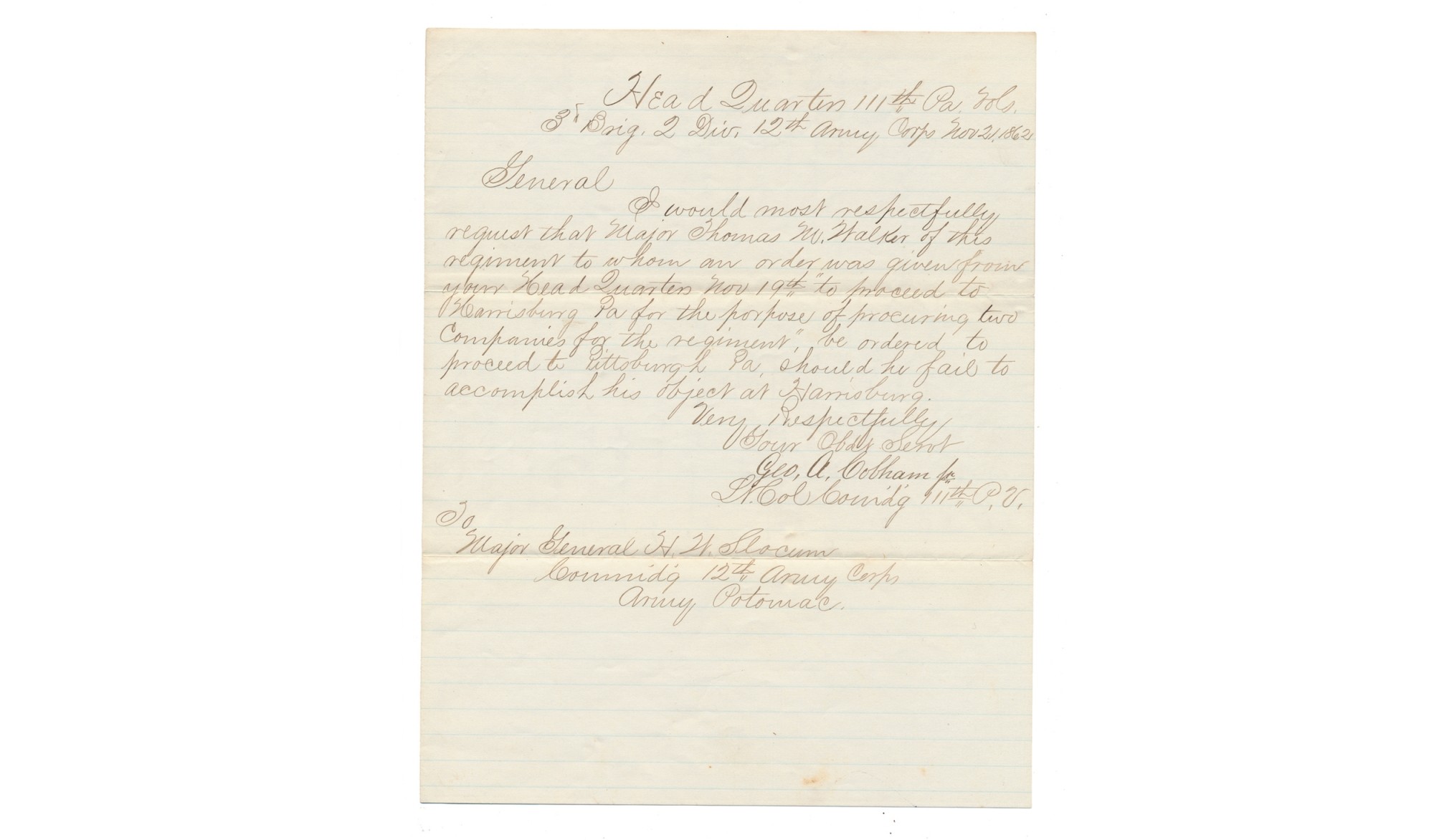 AUTOGRAPH LETTER SIGNED - COL. GEORGE A. COBHAM, 111TH PENNSYLVANIA ...