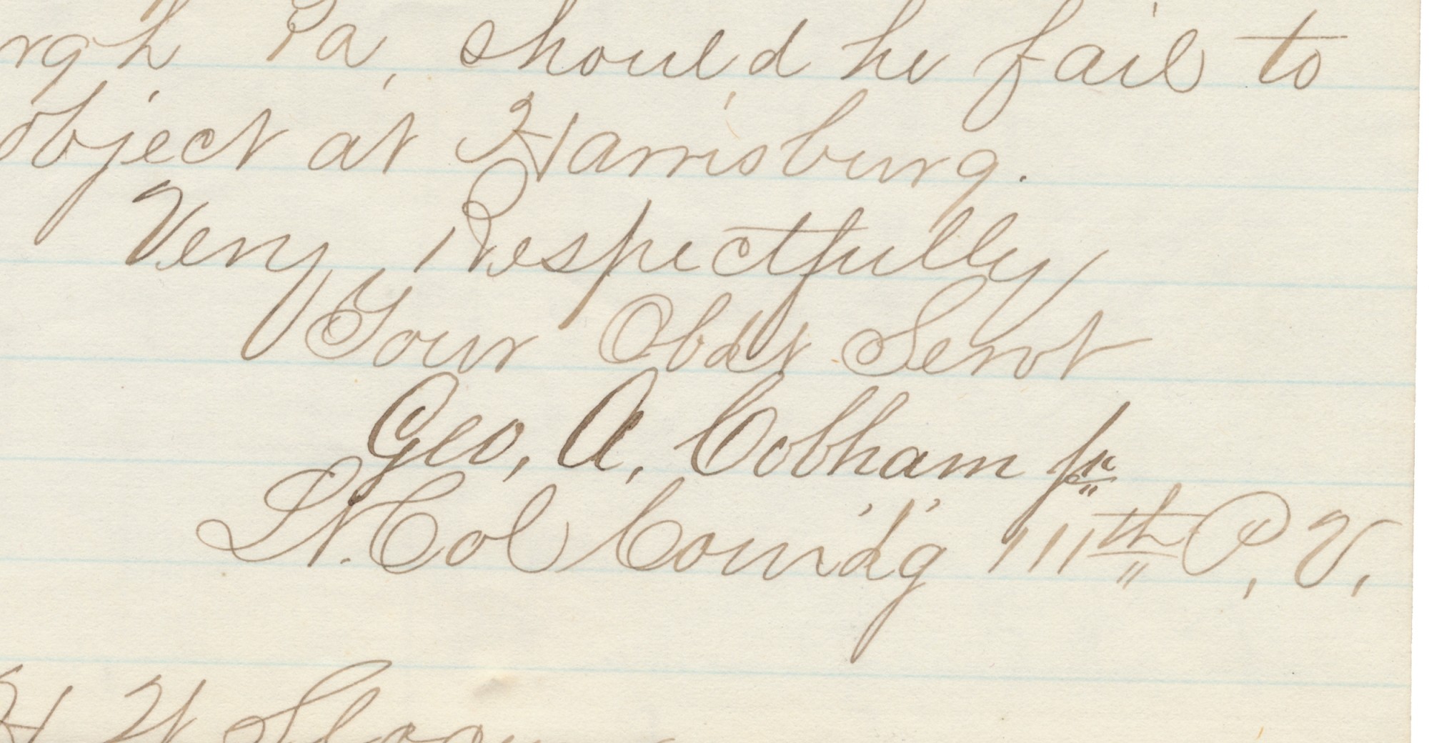 AUTOGRAPH LETTER SIGNED - COL. GEORGE A. COBHAM, 111TH PENNSYLVANIA ...