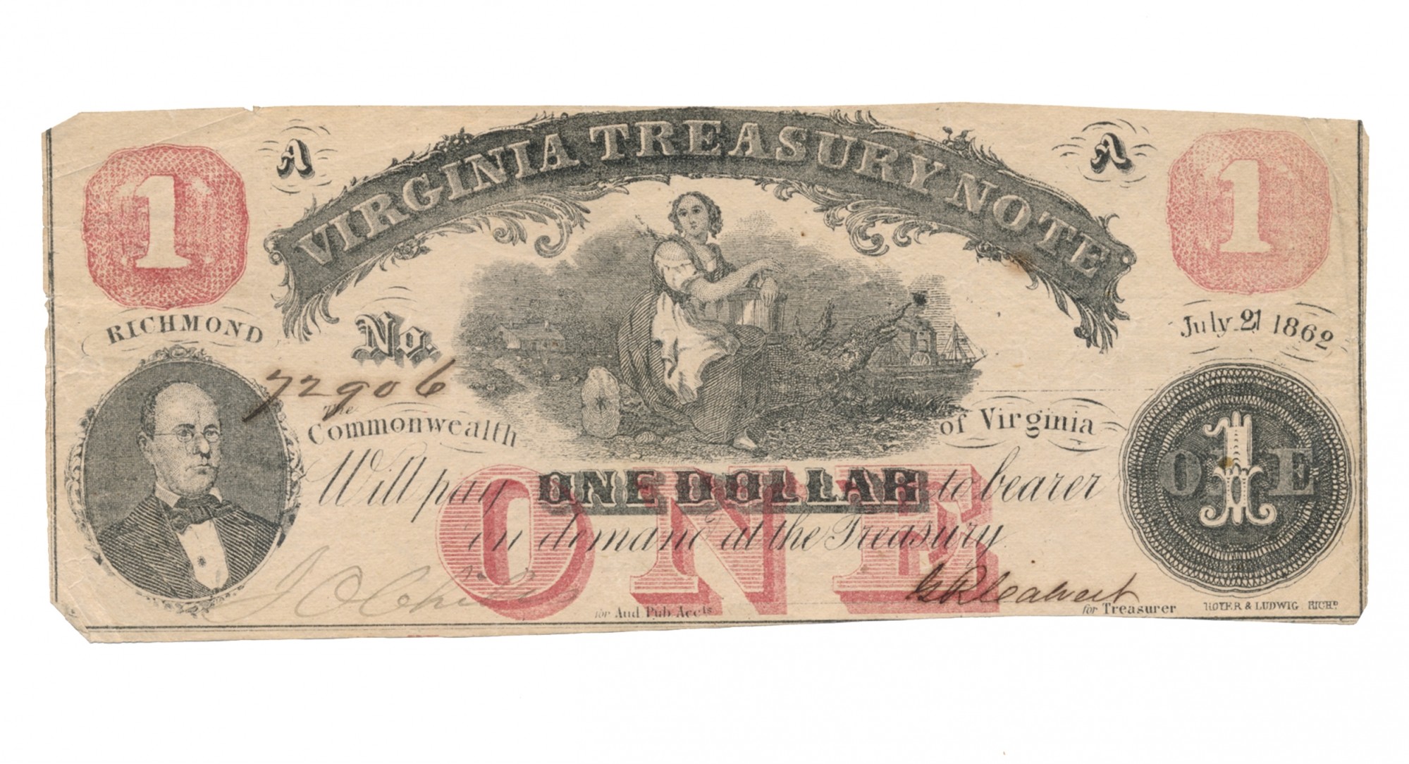 1862 $1 VIRGINIA TREASURY NOTE — Horse Soldier