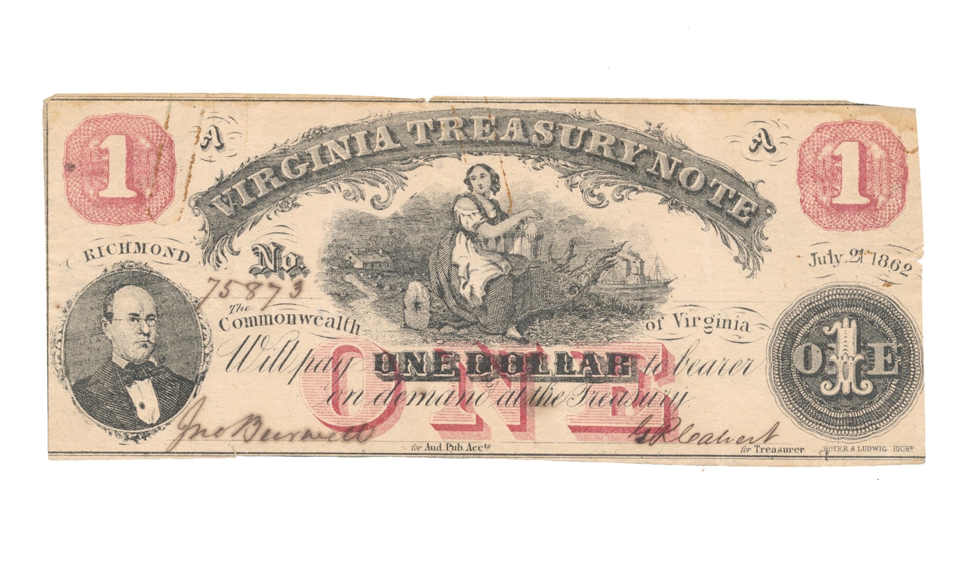 1862 $1 VIRGINIA TREASURY NOTE — Horse Soldier