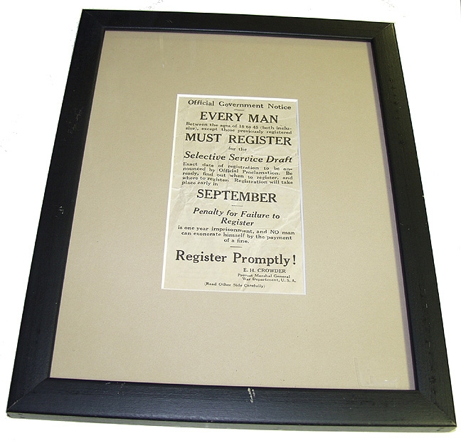 WORLD WAR I SELECTIVE SERVICE NOTICE — Horse Soldier