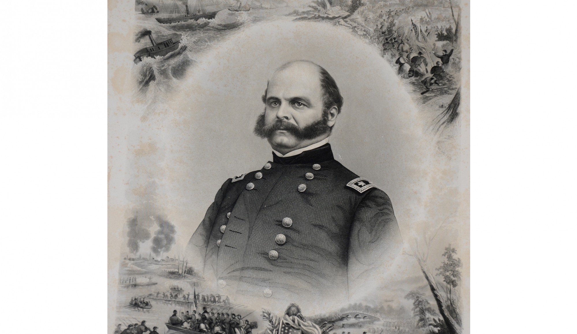 LARGE PERIOD STEEL ENGRAVING OF MAJ. GEN. AMBROSE BURNSIDE — Horse Soldier