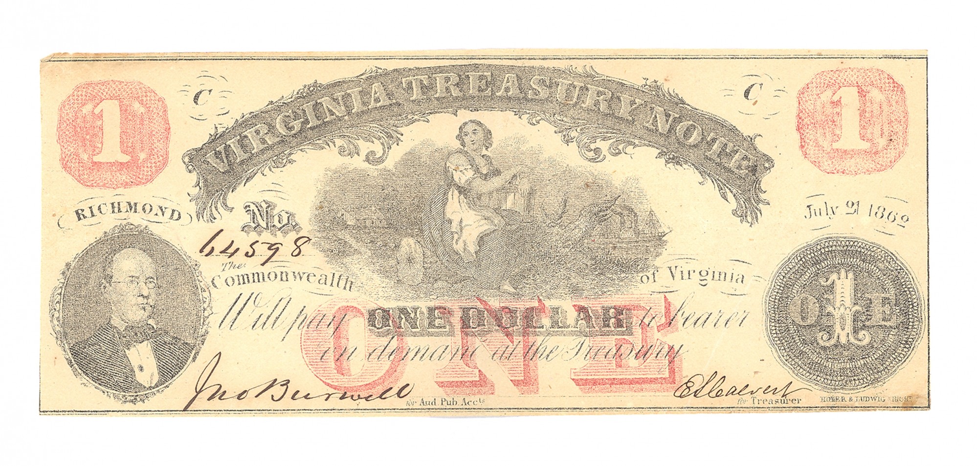 VIRGINIA TREASURY NOTE, RICHMOND, VIRGINIA $1 NOTE — Horse Soldier
