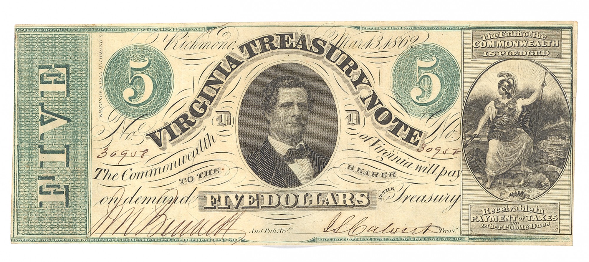 VIRGINIA TREASURY NOTE, RICHMOND, VIRGINIA $5 NOTE — Horse Soldier