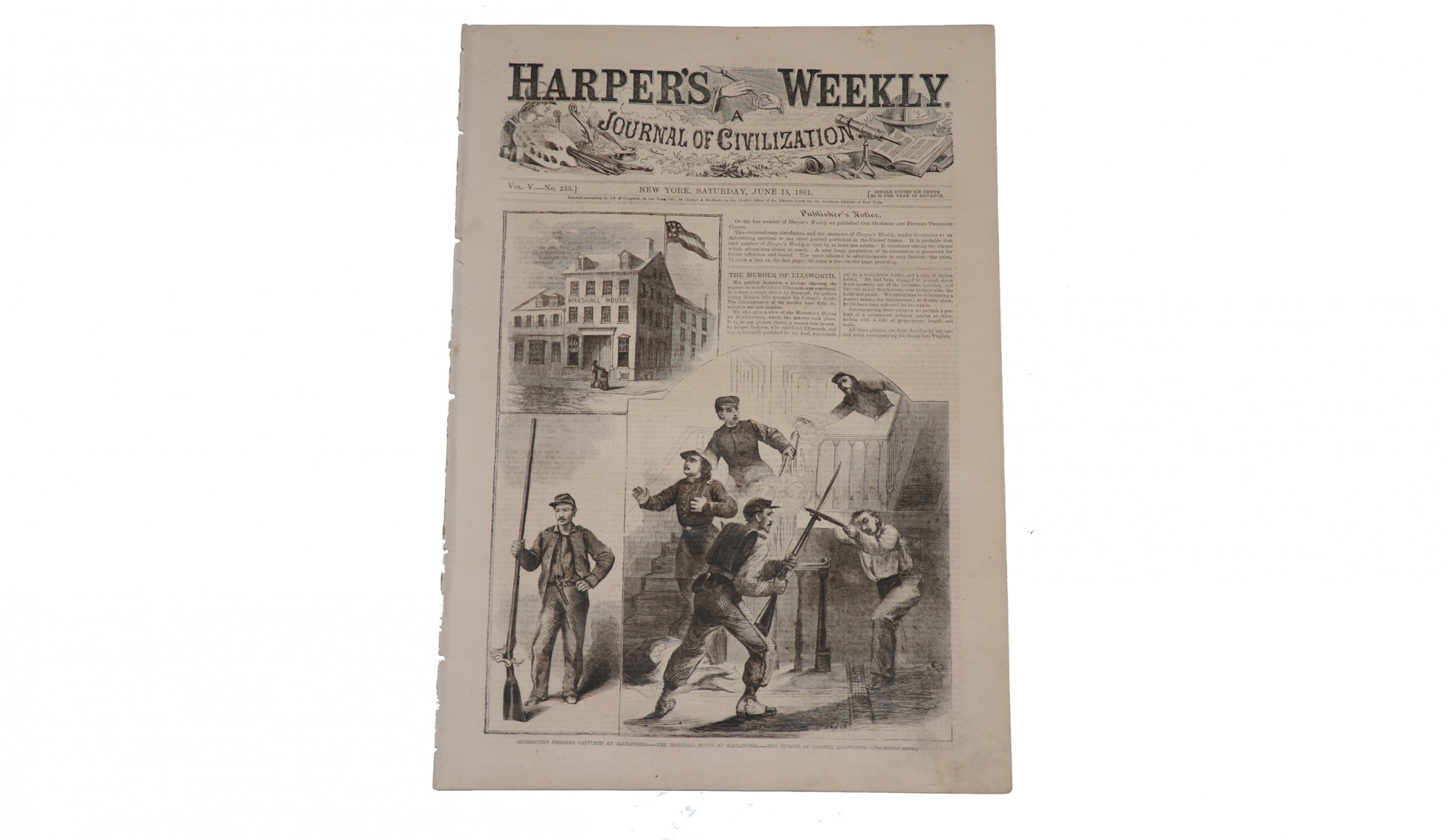 HARPER’S WEEKLY DATED JUNE 15, 1861 – COL. ELMER ELLSWORTH — Horse Soldier