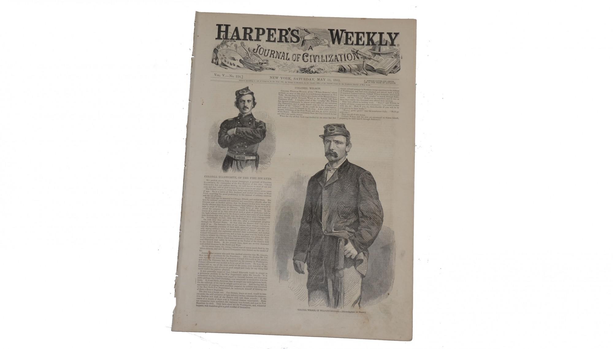 HARPER’S WEEKLY DATED MAY 11, 1861 – COL. ELMER ELLSWORTH — Horse Soldier