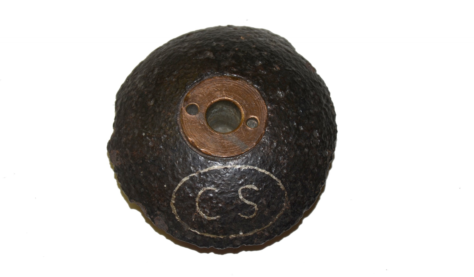 CS 4.52” 12 POUND SPHERICAL CASE SHOT SHELL FRAGMENT WITH A CS COPPER ...