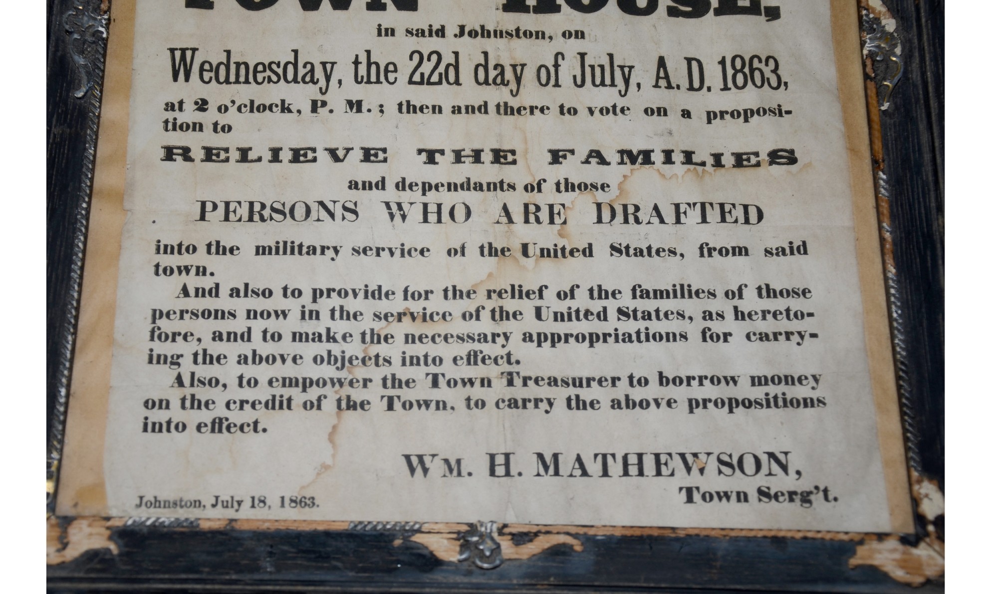 1863 DRAFT RELIEF BROADSIDE - JOHNSTON, RI — Horse Soldier