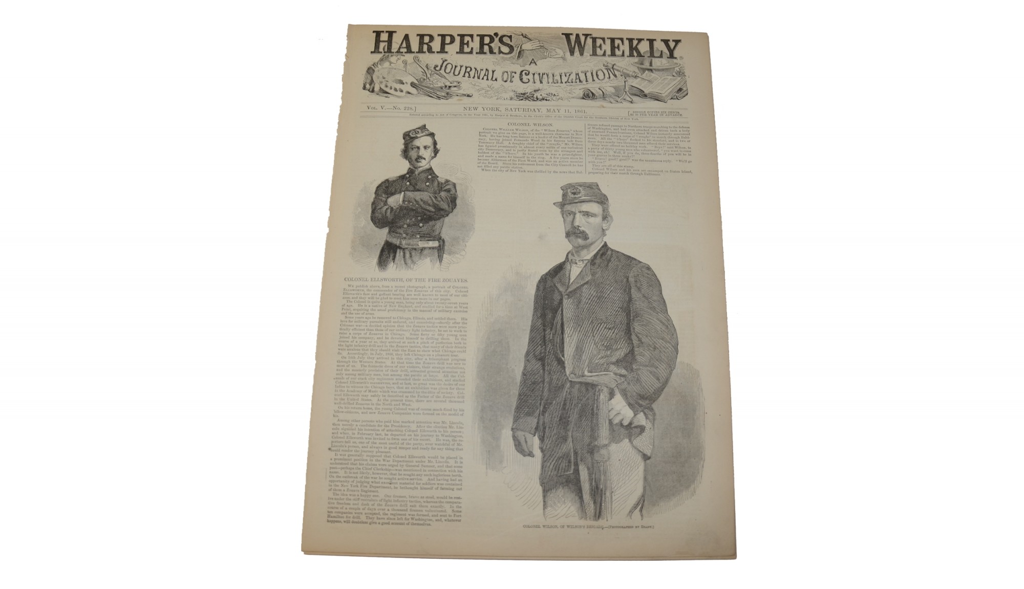 HARPER’S WEEKLY DATED MAY 11, 1861 – COL. ELMER ELLSWORTH — Horse Soldier