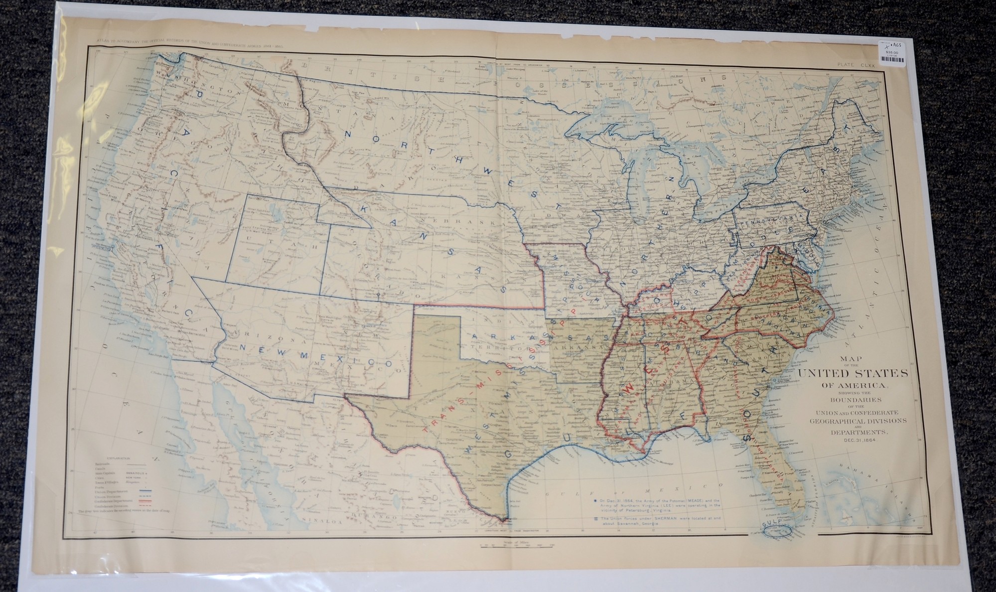 DECEMBER 1864 ATLAS MAP OF USA – UNION AND CONFEDERATE DIVISIONS IN ...