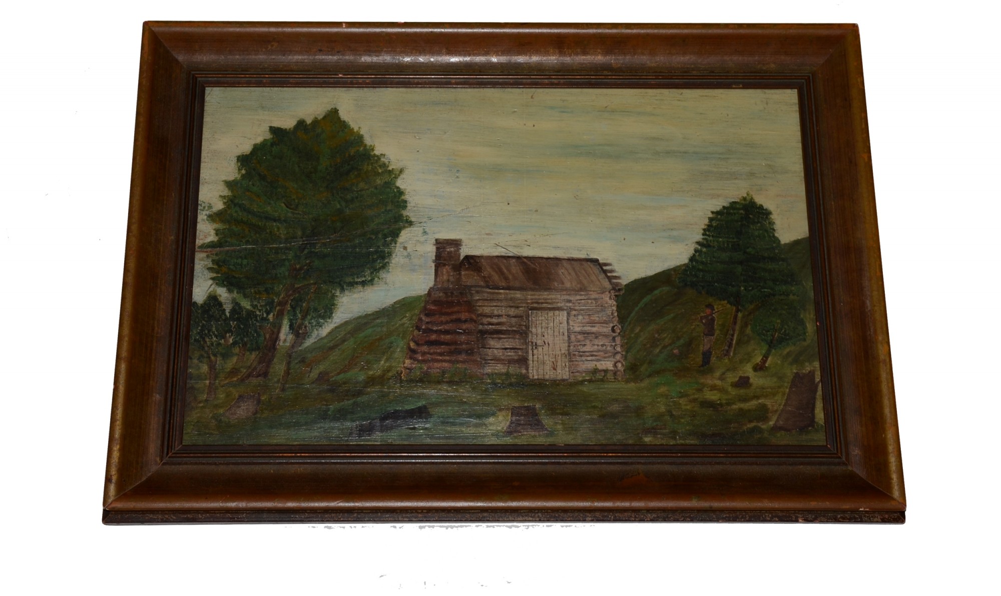 PRIMITIVE OIL ON WOOD PAINTING OF MAN STANDING GUARD — Horse Soldier