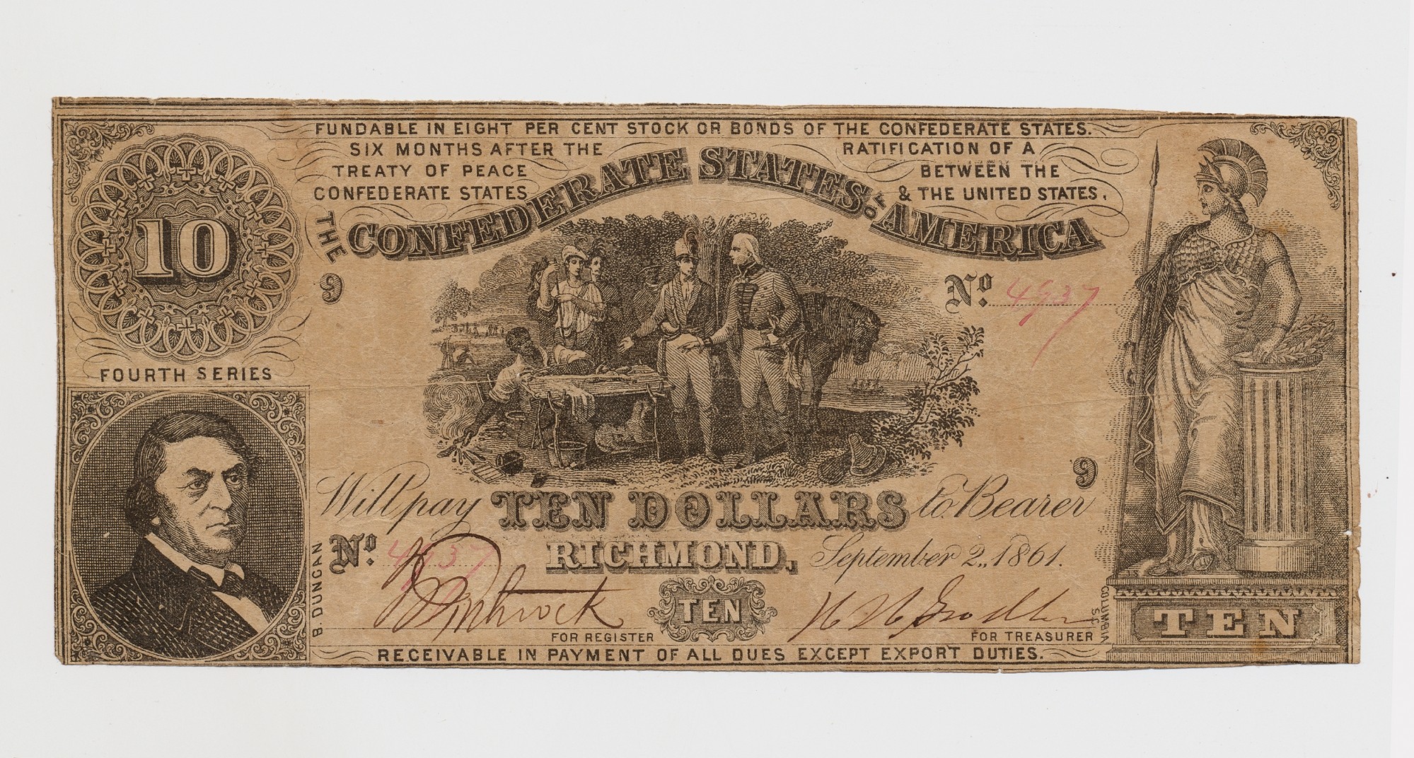 1861 $10 CONFEDERATE TREASURY NOTE — Horse Soldier
