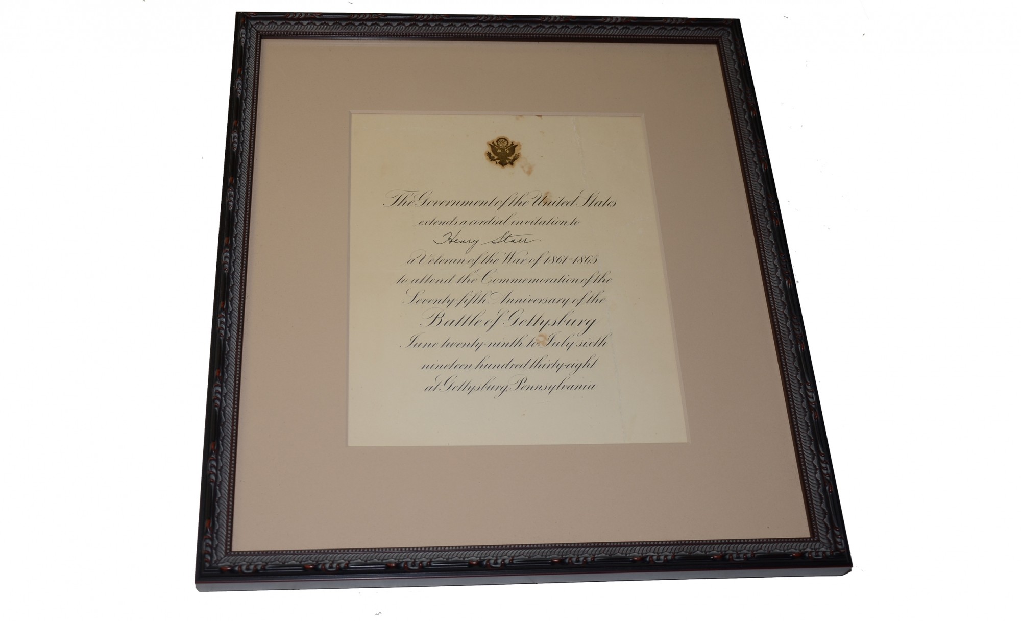 FRAMED INVITATION TO THE 75TH ANNIVERSARY OF THE BATTLE OF GETTYSBURG ...