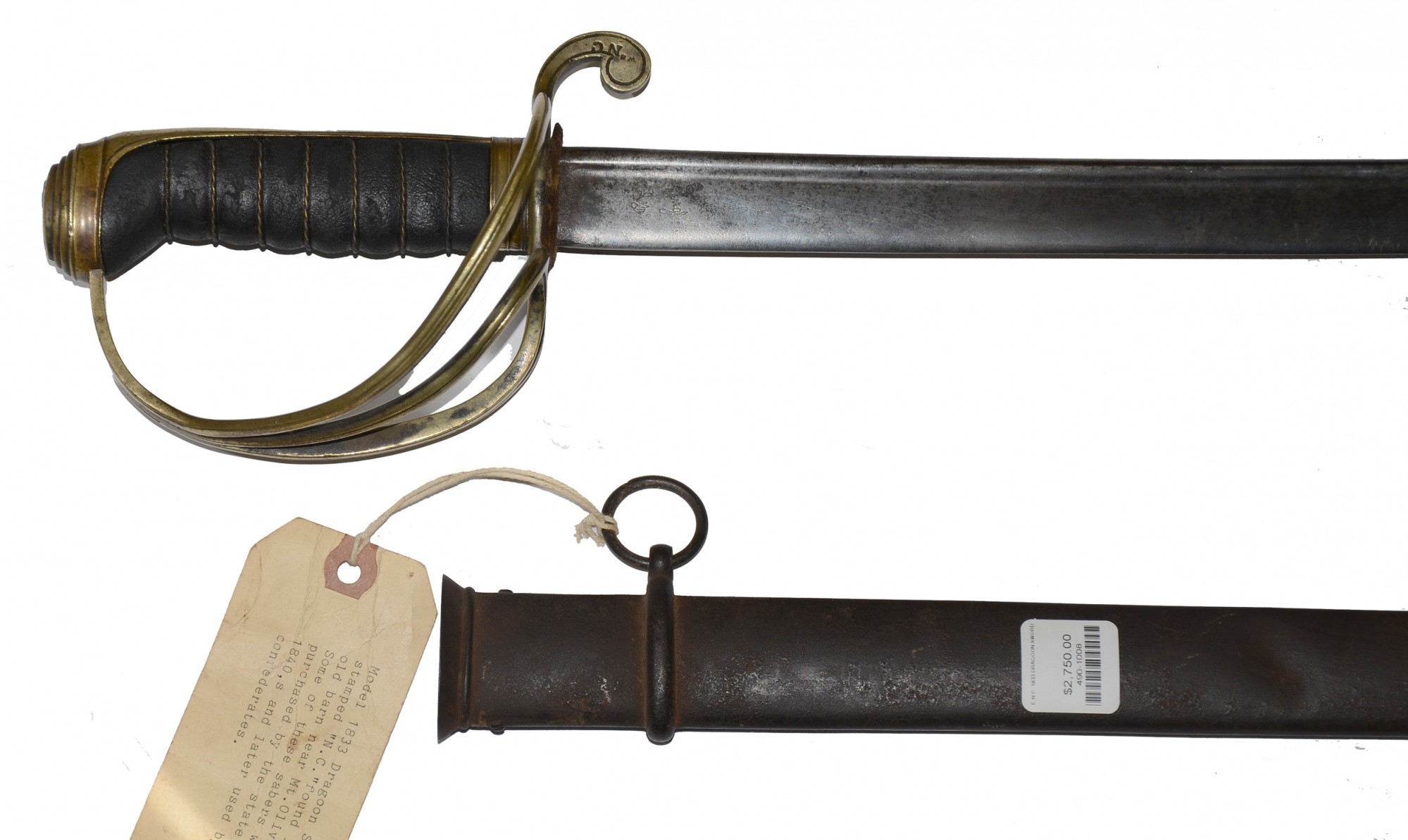 AMES BRASS-MOUNTED M1833 DRAGOON SABER & SCABBARD WITH N.C. MARK ...