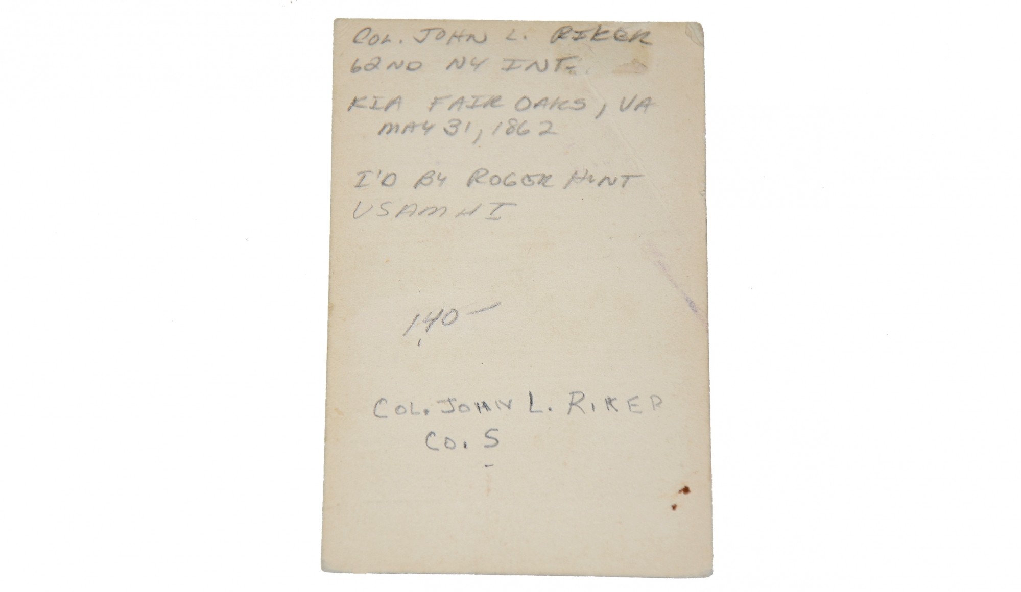 IDENTIFIED CDV OF KIA CIVIL WAR COLONEL JOHN L. RIKER, 62nd NEW YORK ...