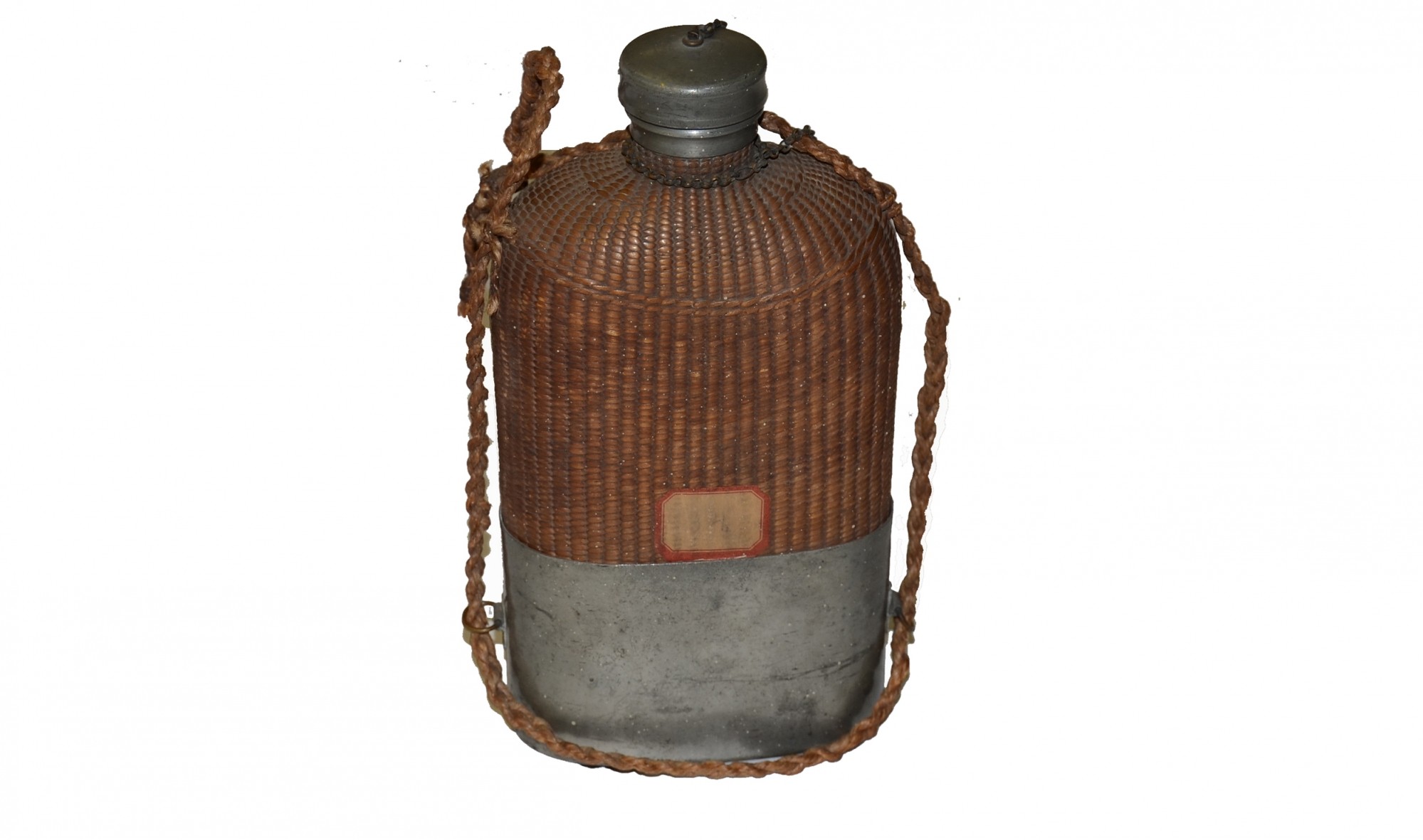LARGE WICKER COVERED FLASK WITH PEWTER CAP AND TIN CUP — Horse Soldier