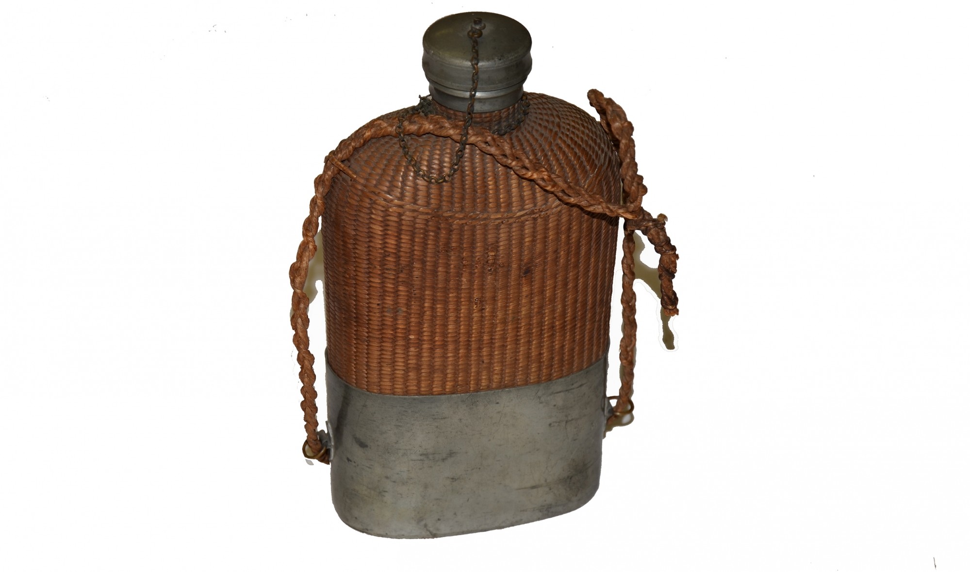 LARGE WICKER COVERED FLASK WITH PEWTER CAP AND TIN CUP — Horse Soldier