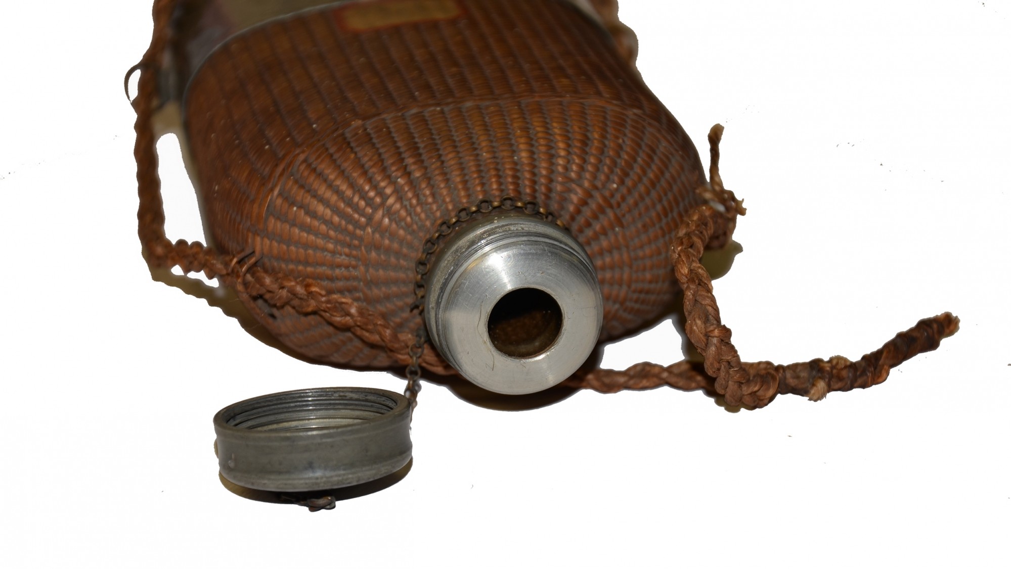 LARGE WICKER COVERED FLASK WITH PEWTER CAP AND TIN CUP — Horse Soldier