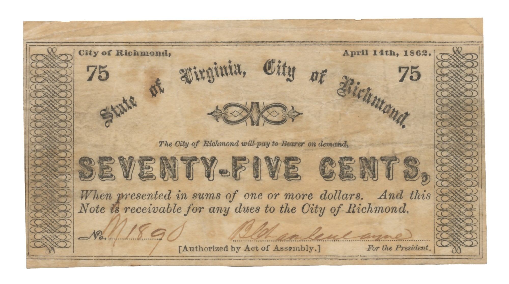 RICHMOND, VIRGINIA 75 CENT NOTE, 1862 — Horse Soldier