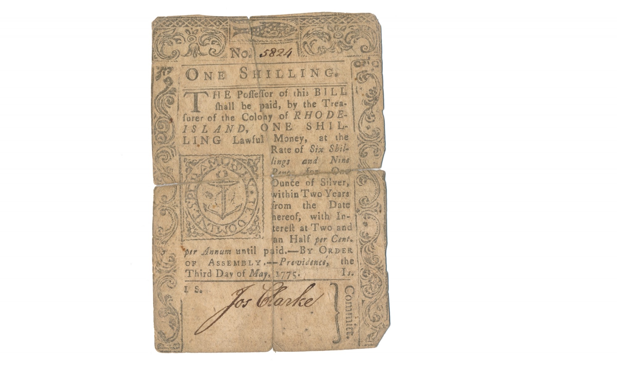 COLONIAL RHODE ISLAND ONE SHILLING NOTE -- 1775 — Horse Soldier