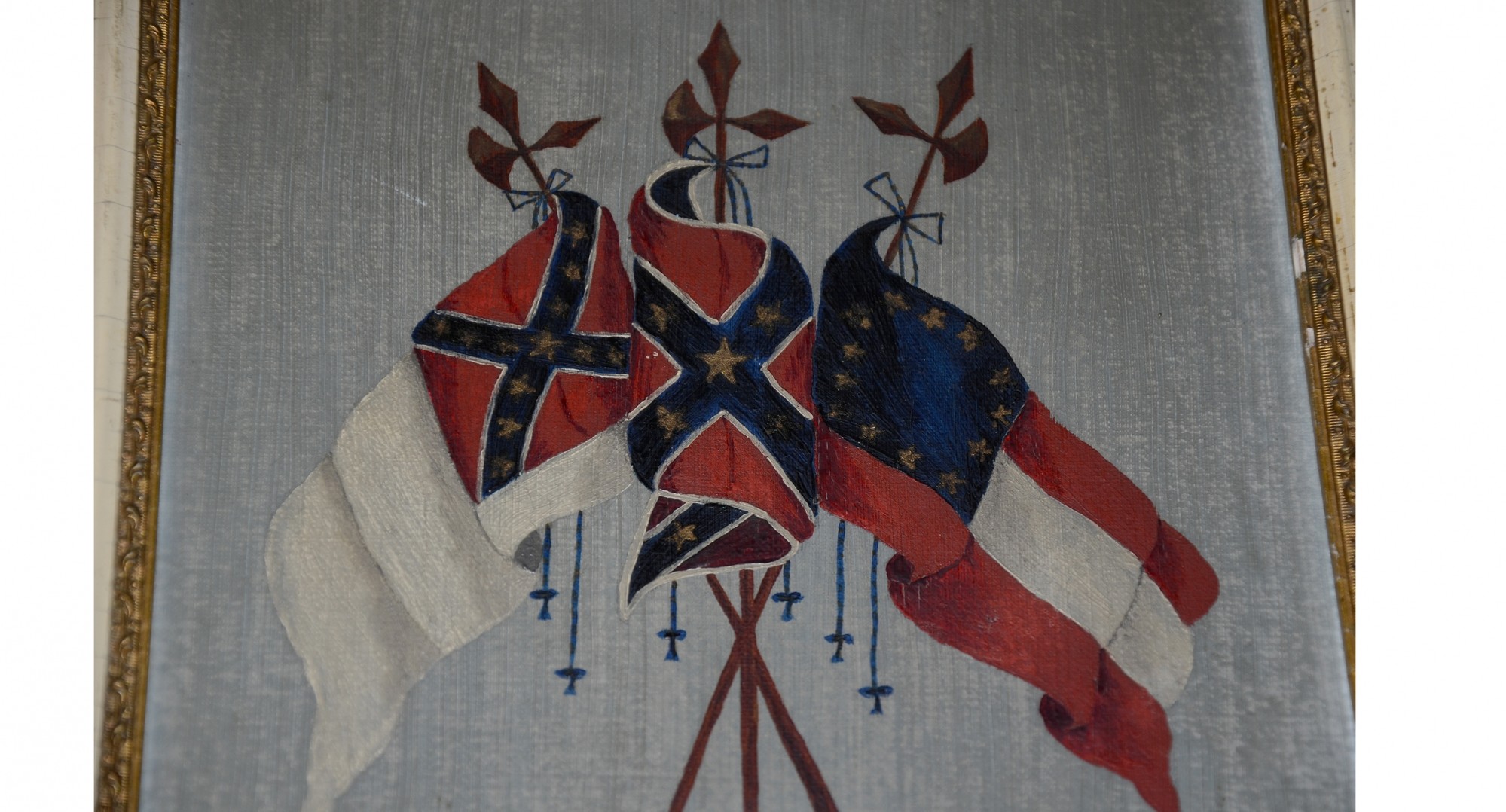 FRAMED VINTAGE OIL PAINTING OF CONFEDERATE FLAGS, ID’D TO COL. JOHN T ...