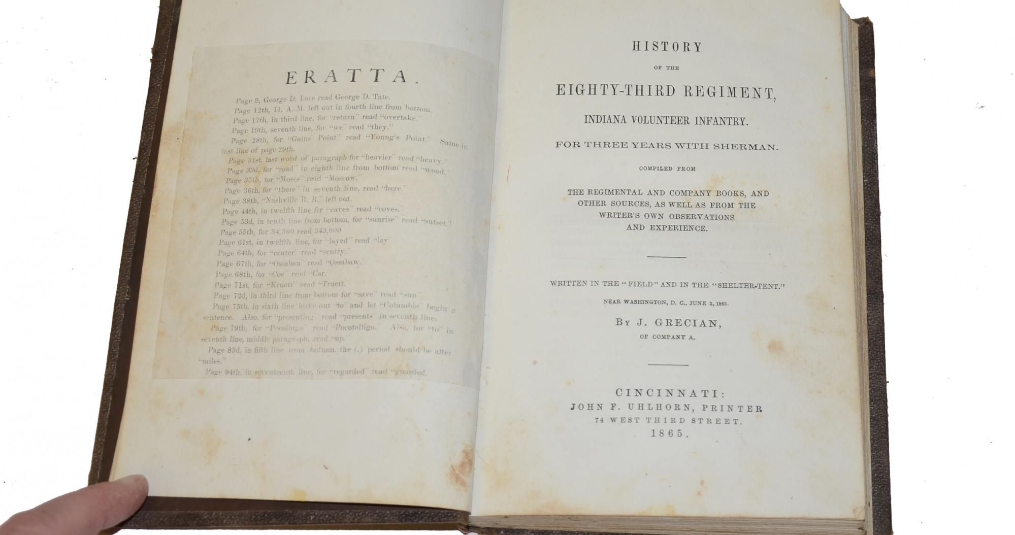 ORIGINAL 1865 COPY OF THE REGIMENTAL HISTORY OF THE 83RD INDIANA ...