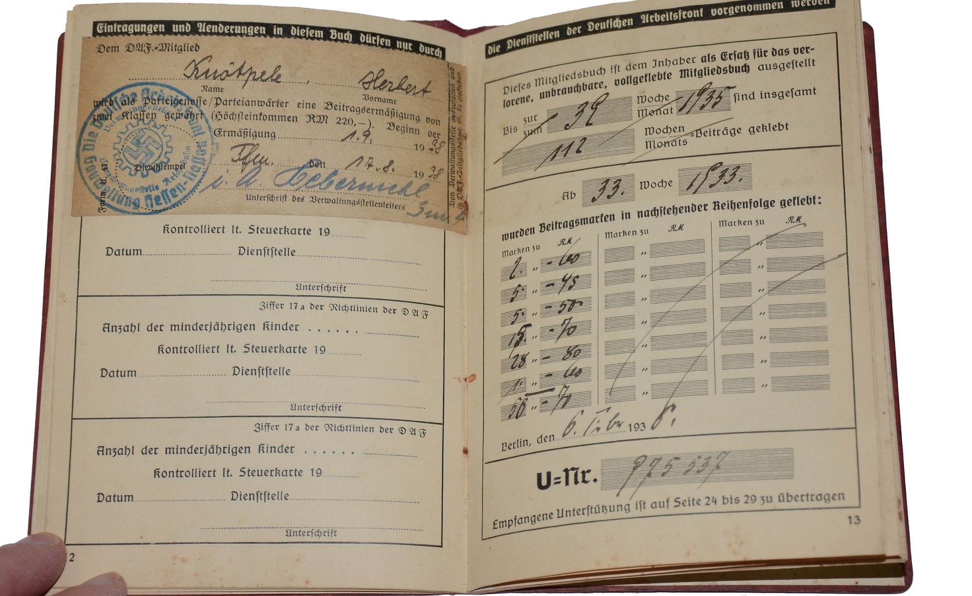 WORLD WAR TWO GERMAN LABOR FRONT MEMBERSHIP BOOKLET — Horse Soldier