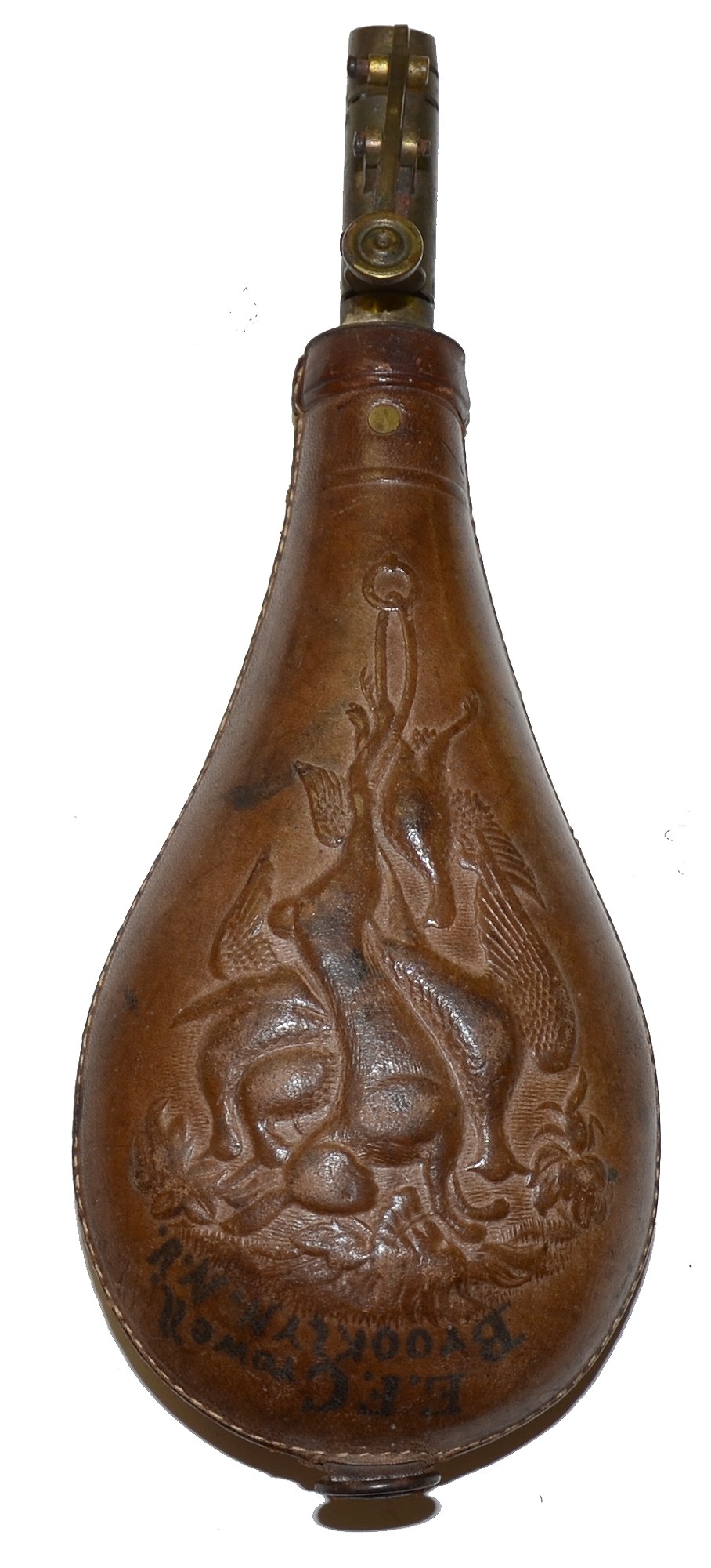 LEATHER POWDER FLASK, ID’D — Horse Soldier