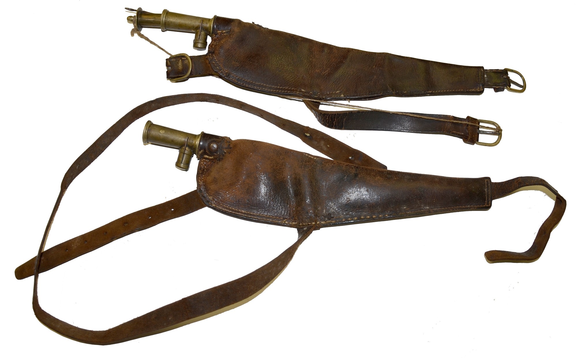 CIRCA 1850’S PAIR OF LEATHER SHOT/POWDER FLASKS — Horse Soldier
