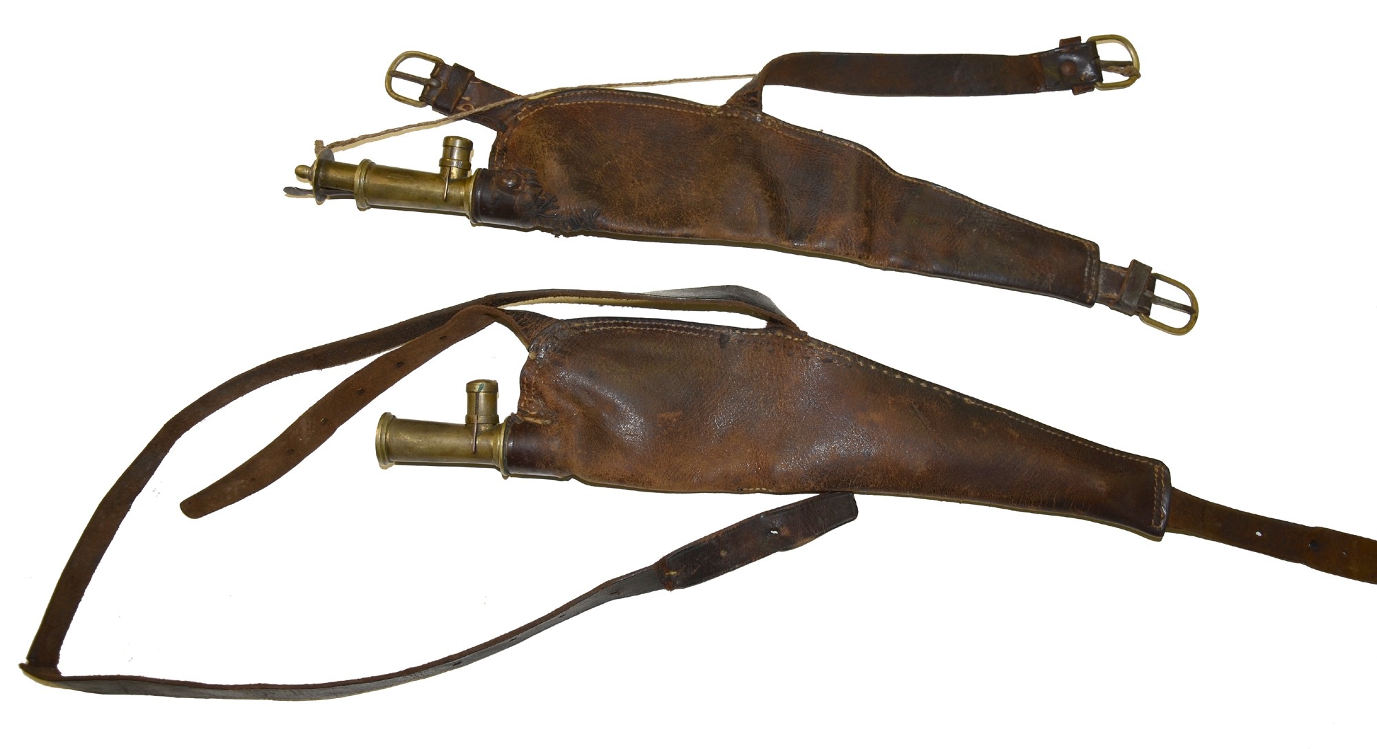CIRCA 1850’S PAIR OF LEATHER SHOT/POWDER FLASKS — Horse Soldier