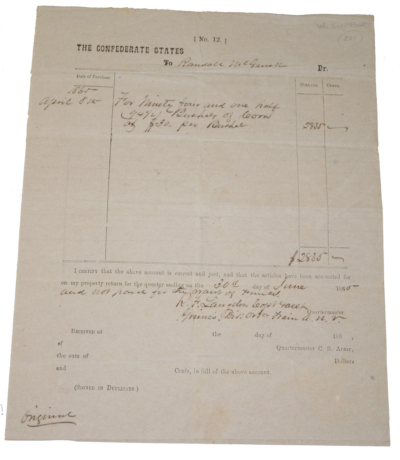 CONFEDERATE FORM – REQUISITION FOR CORN SIGNED THE DAY BEFORE THE ...