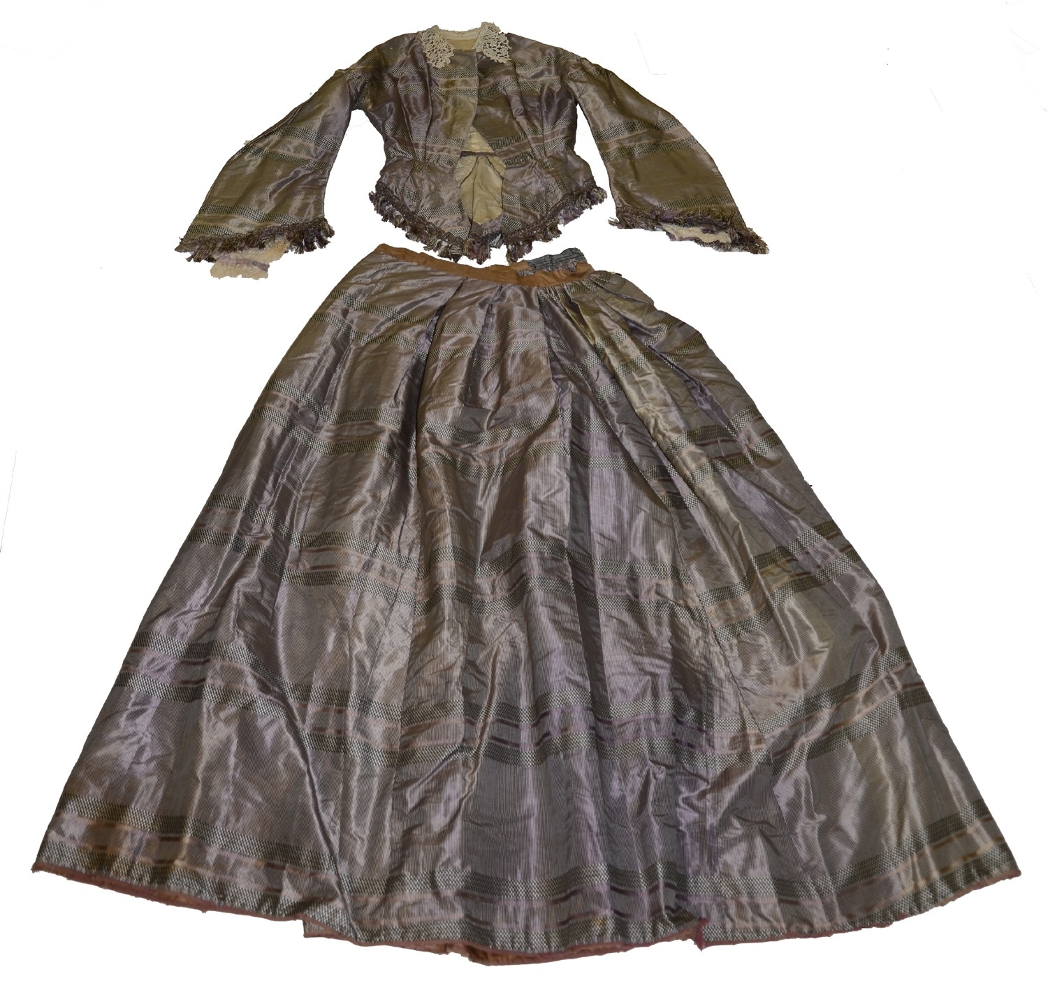IRIDESCENT JACQUARD SILK TAFFETA BASQUE BODICE AND SKIRT C. 1858-1860 ...