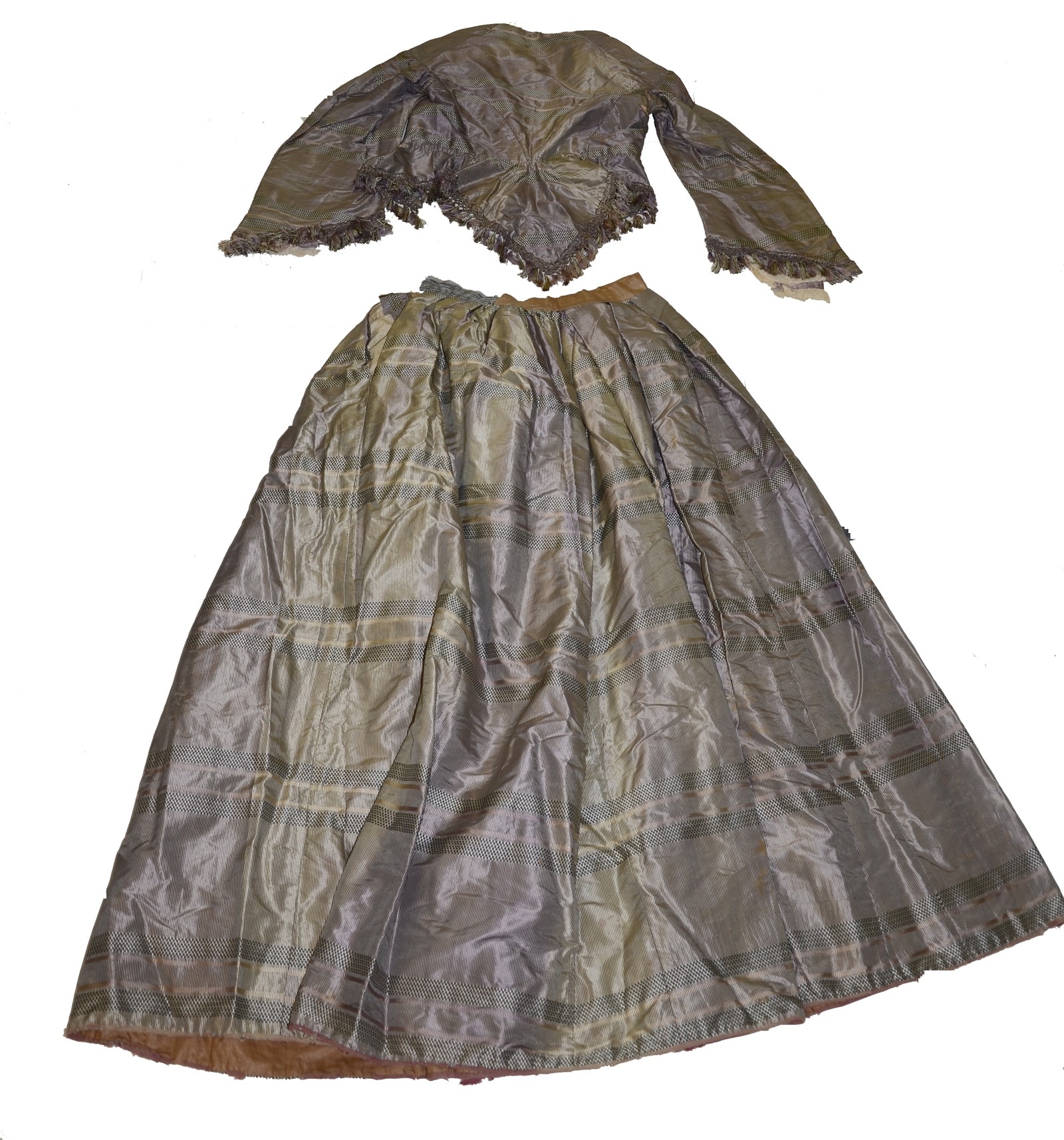 IRIDESCENT JACQUARD SILK TAFFETA BASQUE BODICE AND SKIRT C. 1858-1860 ...