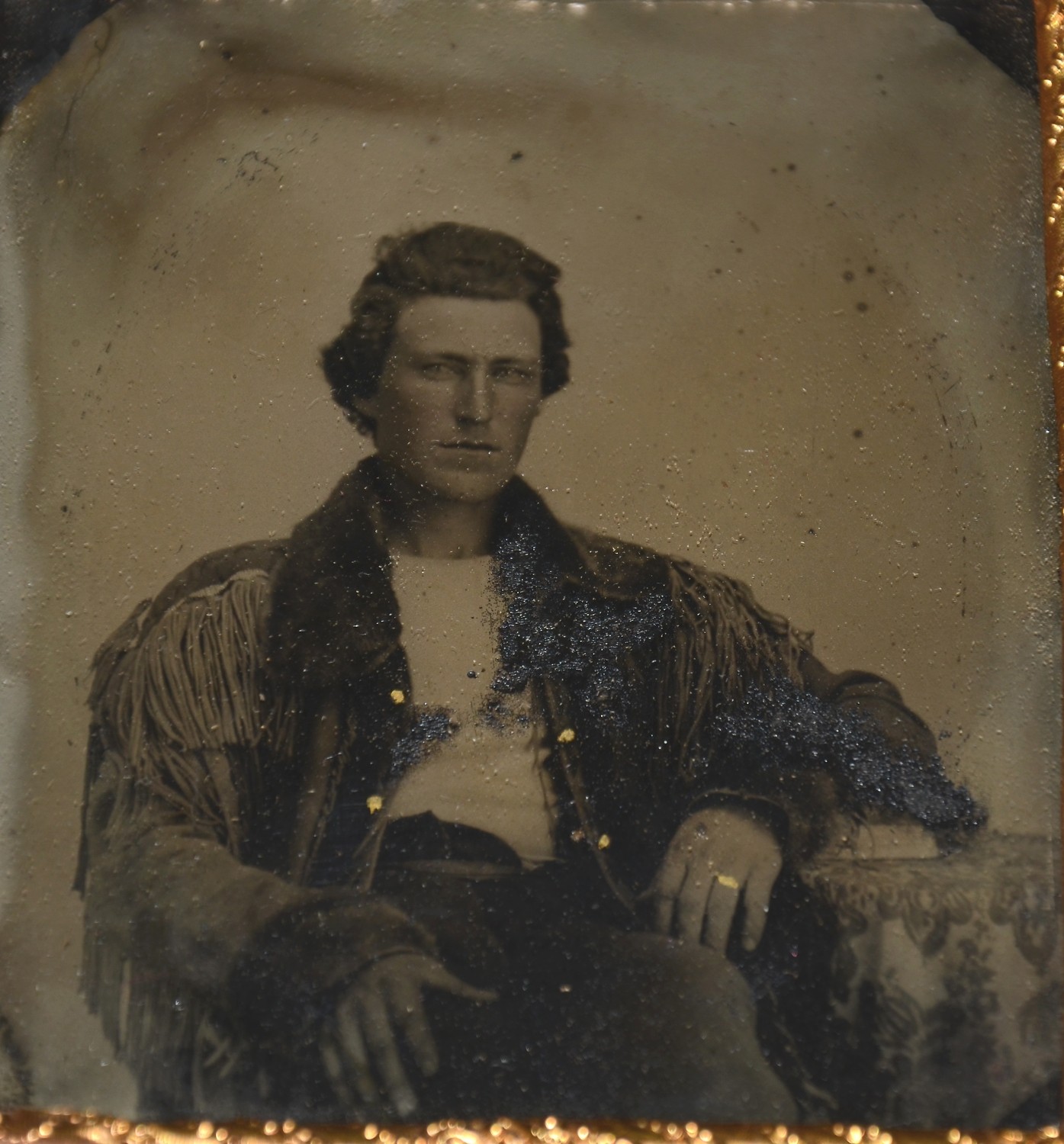 SIXTH PLATE TINTYPE OF MAN IN BUCKSKIN JACKET — Horse Soldier